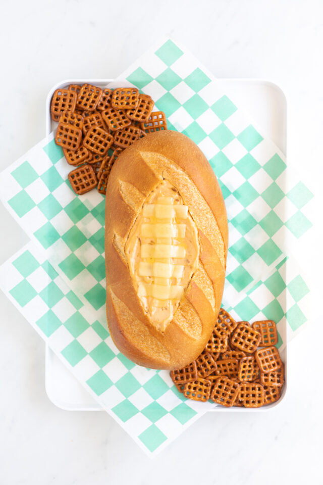 Spicy Onion Dip Served In Football Bread Bowl